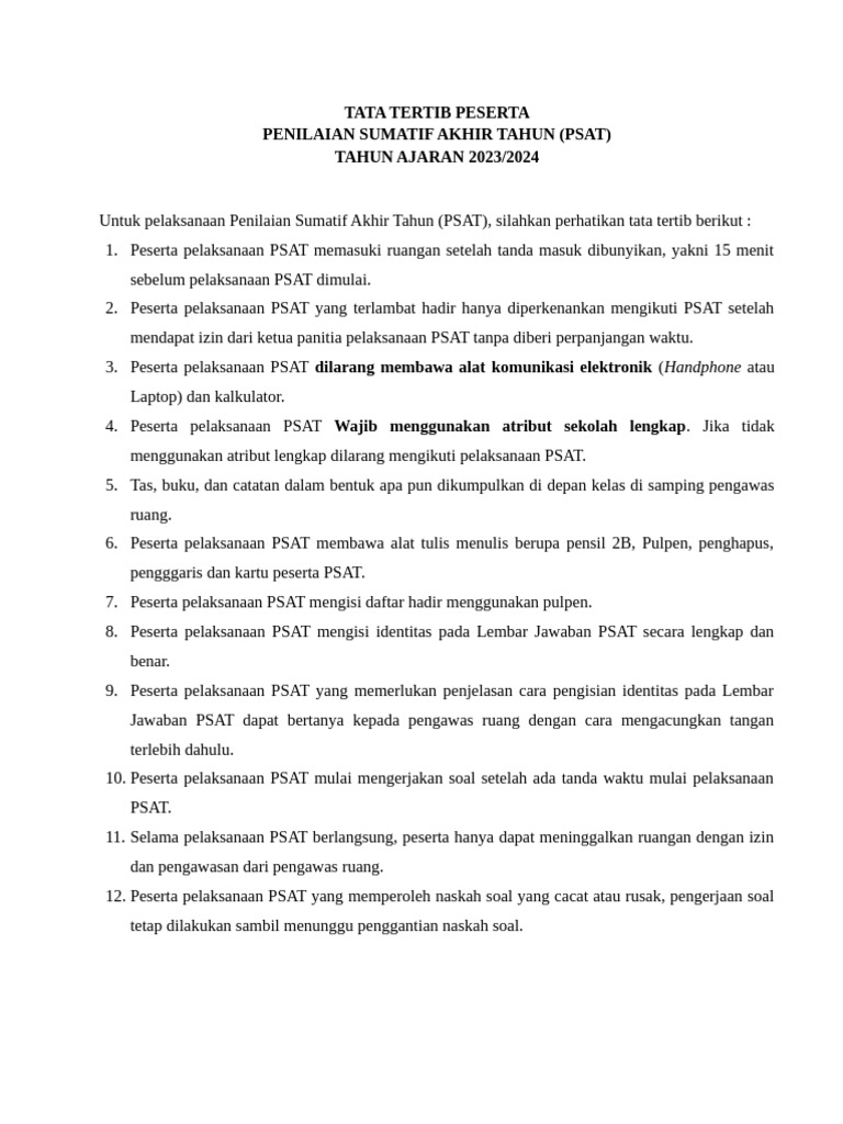 Tata Tertib Peserta Dan Pengawas PSAT 2024 | PDF