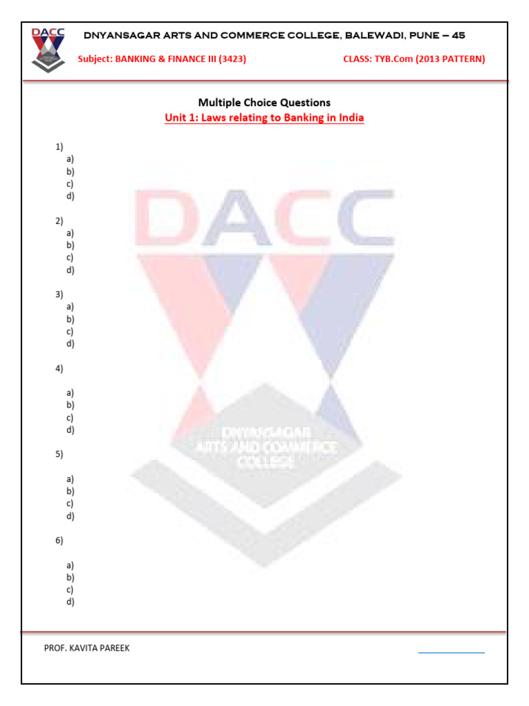 Banking & Finance MCQs for TYB.Com | PDF | Negotiable Instrument | Cheque