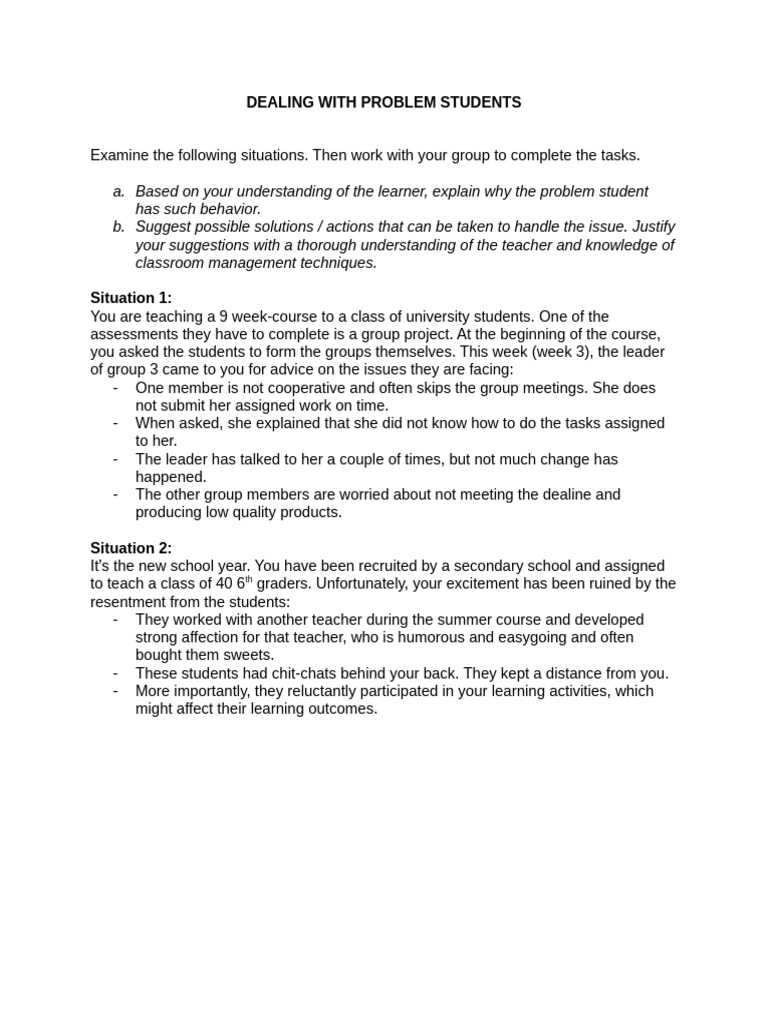 Worksheet - Dealing With Problem Students | PDF