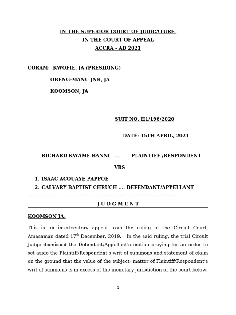 RICHARD KWAME BANNI VRS ISAAC ACQUAYE PAPPO I OTHERE 2021 GHACA 10 (15 ...