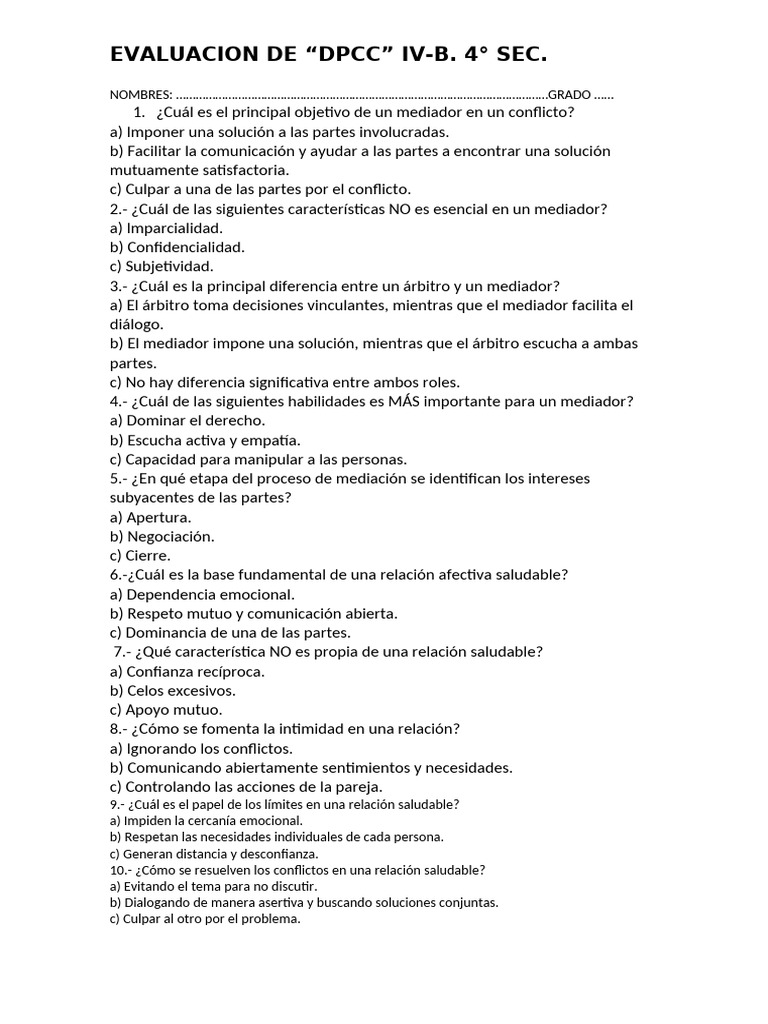 Evaluacion de Dpcc. Iv-B. 4° Sec-24 | PDF
