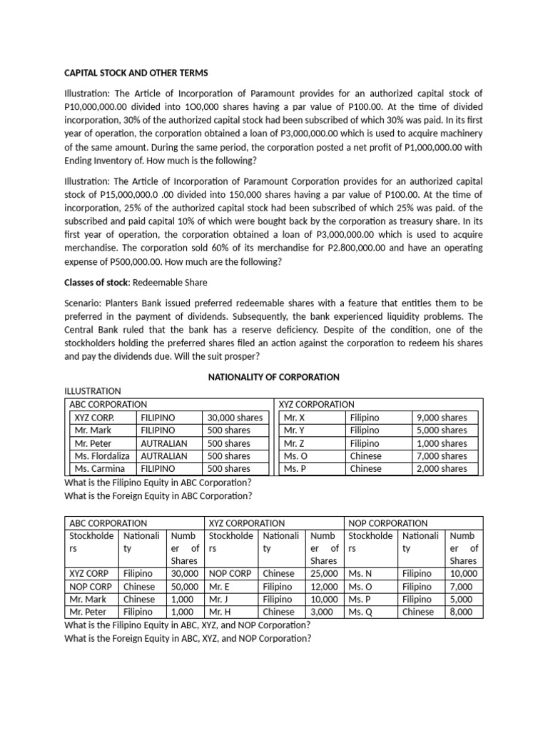 Capital Stock and Other Terms | PDF | Stocks | Dividend