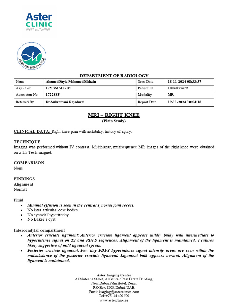Radiology Report-1722885 | PDF | Knee | Musculoskeletal System