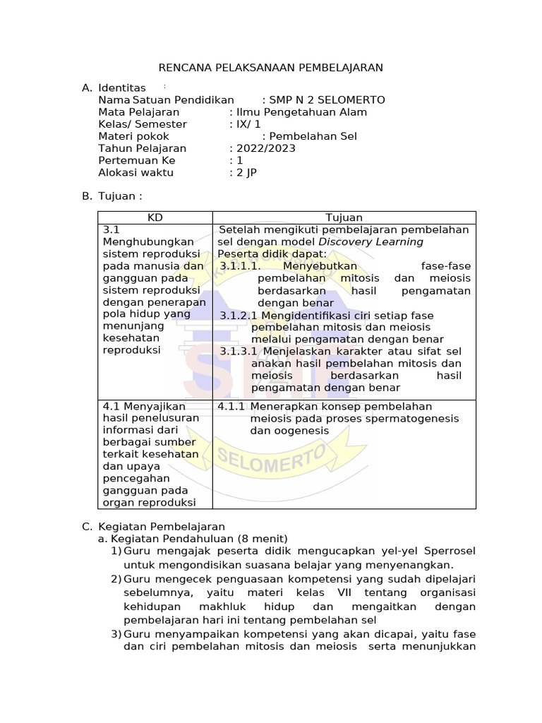 RPP Sem 1 2022 2023 Bab 1 Reproduksi Manusia Pertemuan 1 | PDF