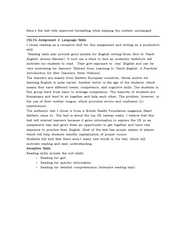 CELTA Assignment 3: Language Skills | PDF