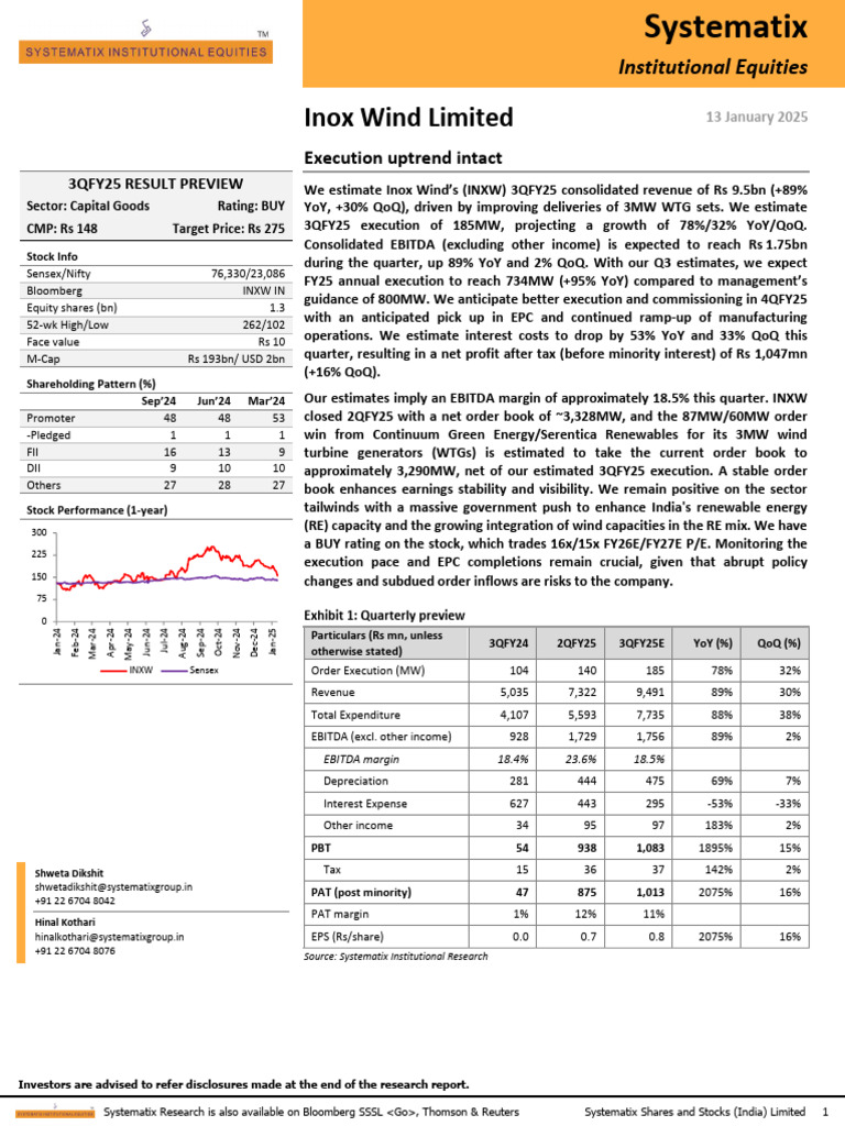 Inox Wind Limited 3QFY25 Result Preview 13-01-2025 Systematix | PDF ...