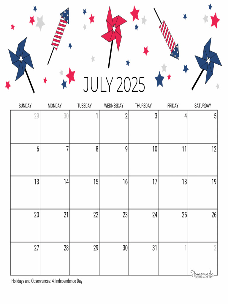 July Calendar 2025 Printable Fourth July Landscape | PDF