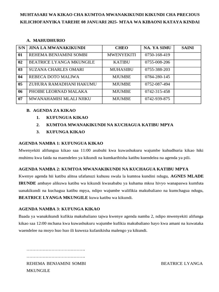 Muhtasari Wa Kikao Cha Kumfuta Uanakikundi Mwanachama Kikundi Cha ...