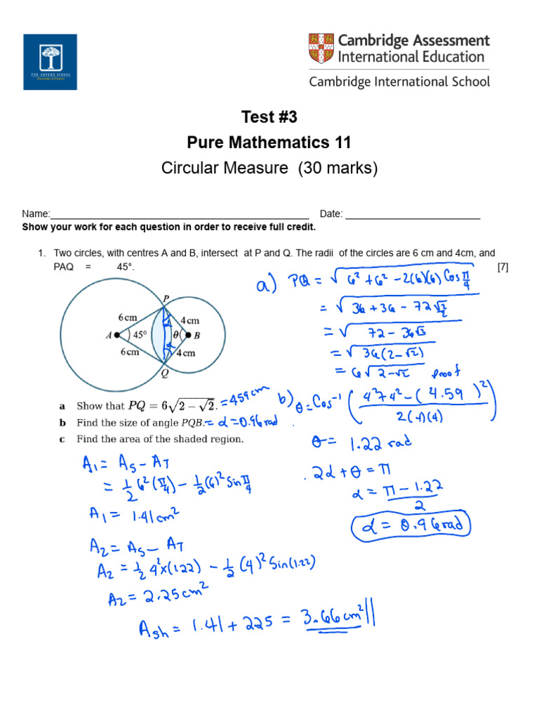 Pure Math 11: Circular Measure Test | PDF