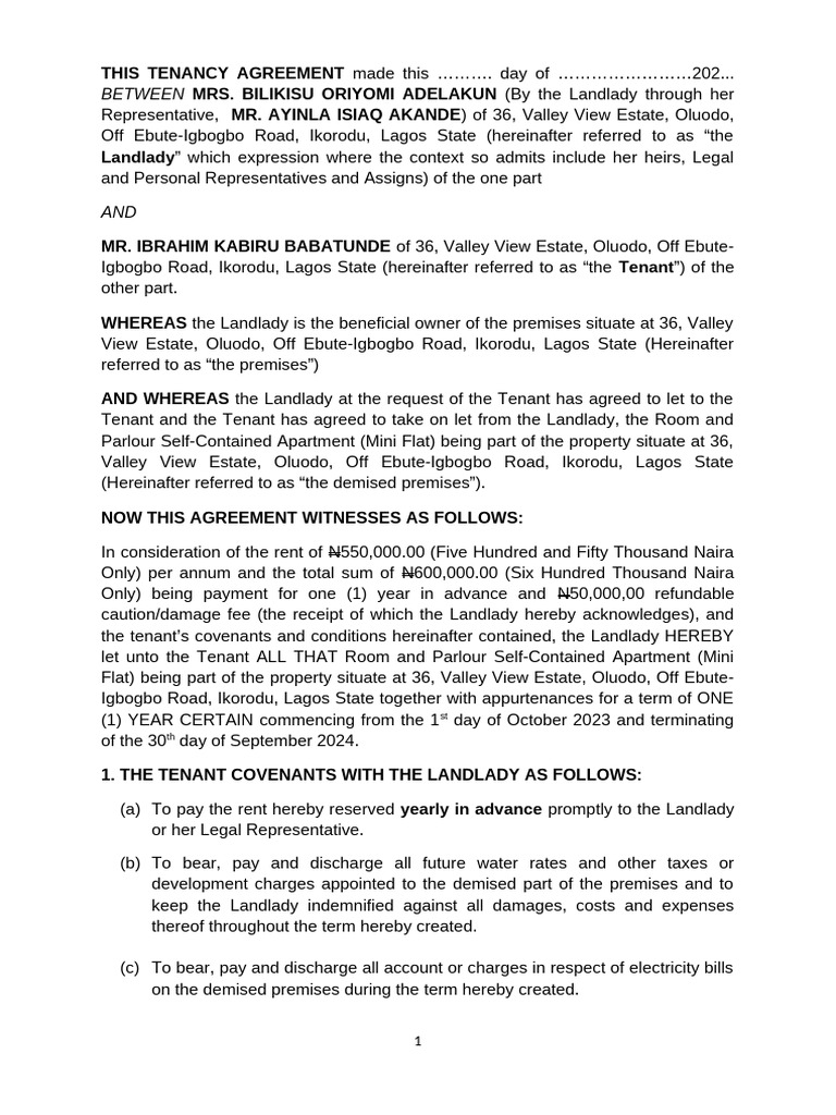 Tenancy Agreement for Lagos Flat | PDF | Landlord | Leasehold Estate