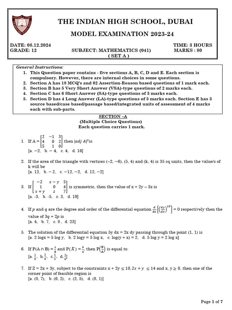 QP - G12 - Math - Set A - Me - 2023-24 | PDF | Cartesian Coordinate ...