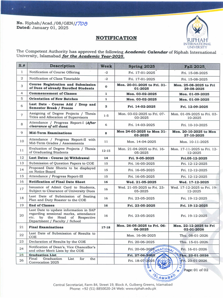 Riphah-Acad-08-GEN-1708 ACADEMIC CALENDAR YEAR 2025 | PDF