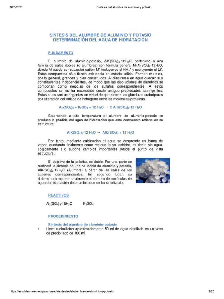 Síntesis de alumbre de aluminio y potasio | PDF | Sal (química) | Agua