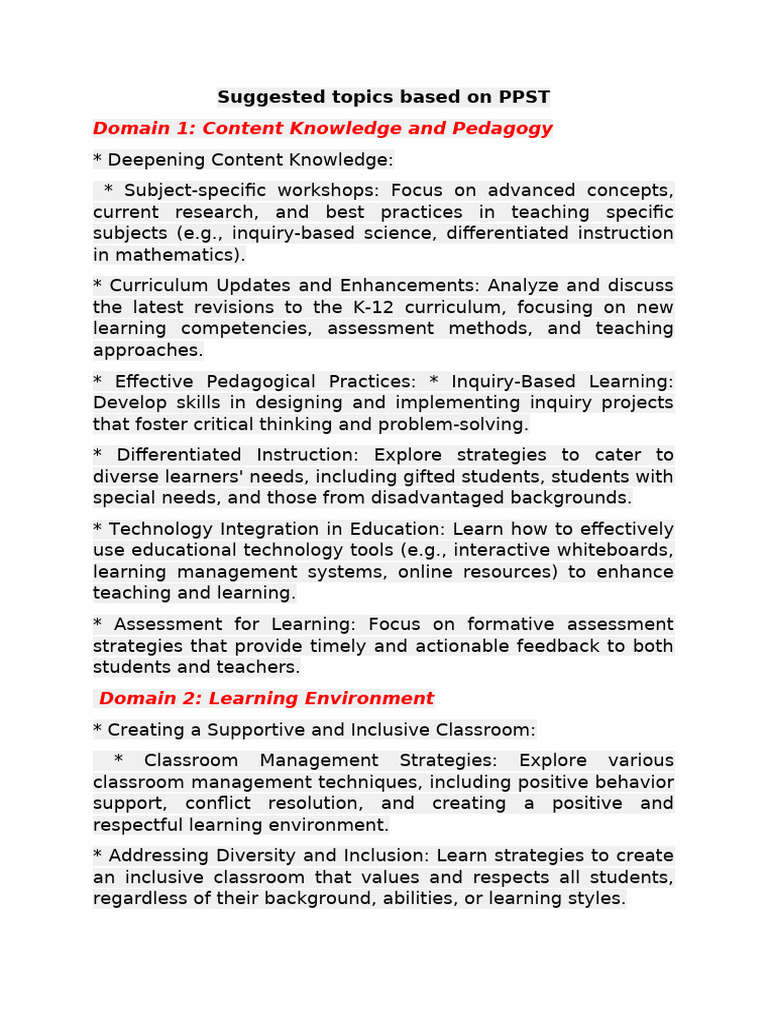 Suggested Topics Based On PPST | PDF | Learning | Inquiry Based Learning