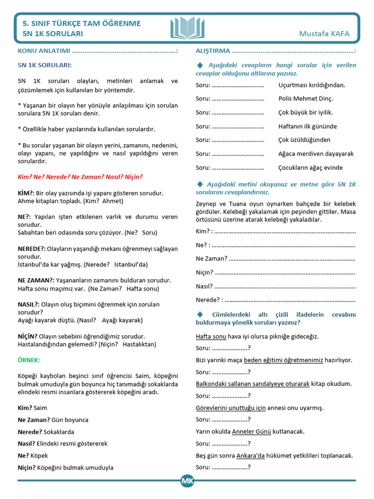 Sinif - 5N1K Sorulari (Tam Öğrenme) | PDF
