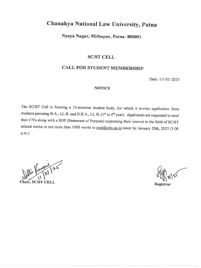 SC and ST Cell Notice For Student Membership | PDF