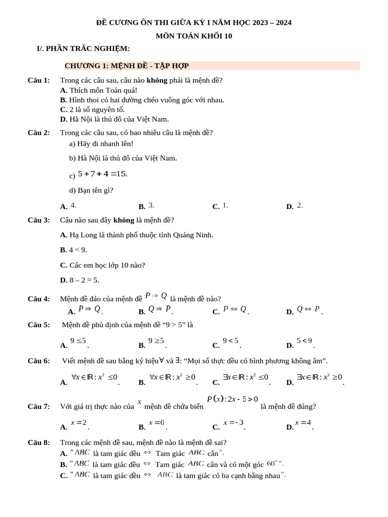 De Cuong On Tap Toan 10 KNTT Giua HK1 | PDF