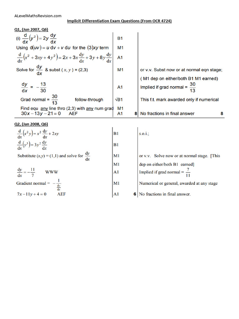 Implicit Differentiation Exam Questions MS | PDF