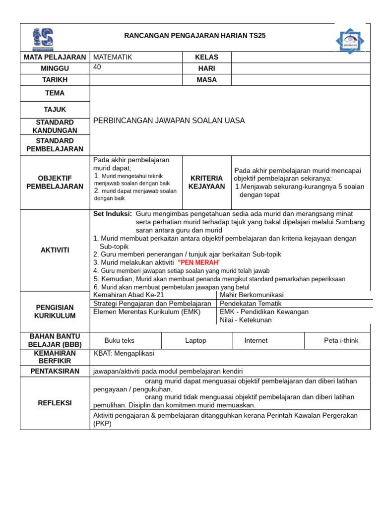 RPH Ulangkaji Pasca Uasa Matematik | PDF