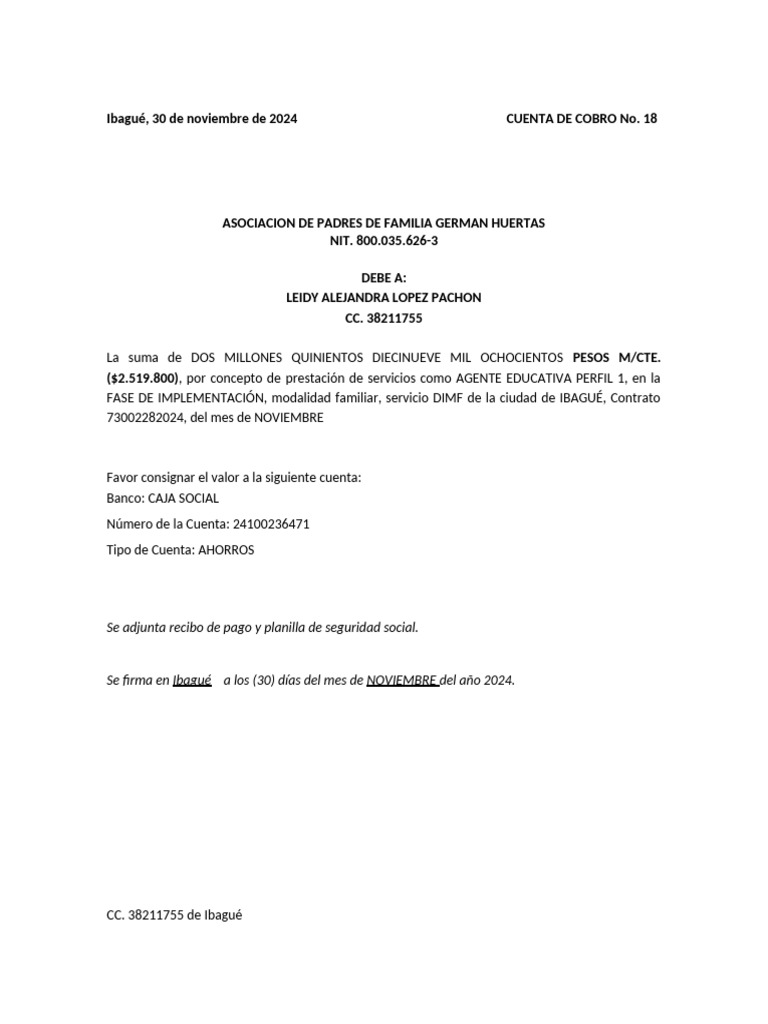 Cuenta de Cobro Leidy | PDF