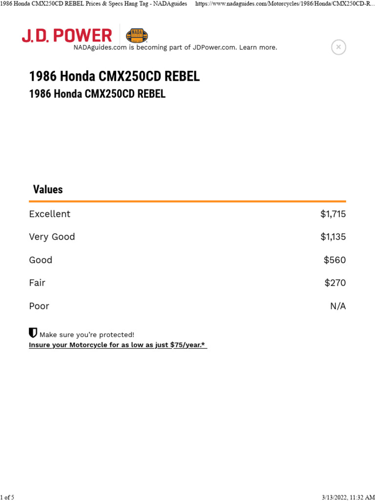 1986 Honda CMX250CD REBEL Prices & Specs Hang Tag - NADAguides | PDF ...