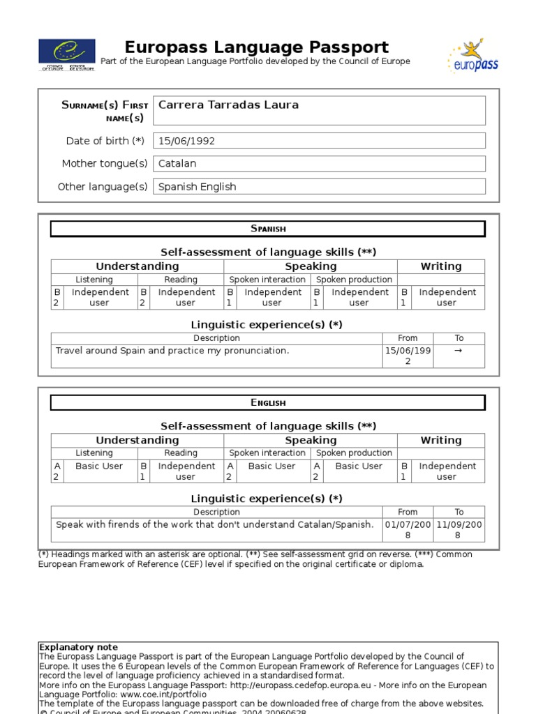 Europass Language Passport | PDF | Conversation | Essays