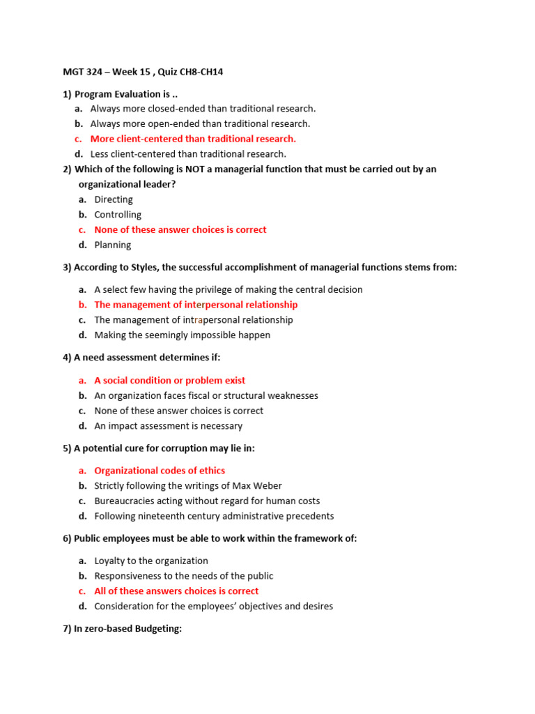 MGT 324 - Week 15 Quiz CH8-CH14 | PDF | Taxes | Democracy