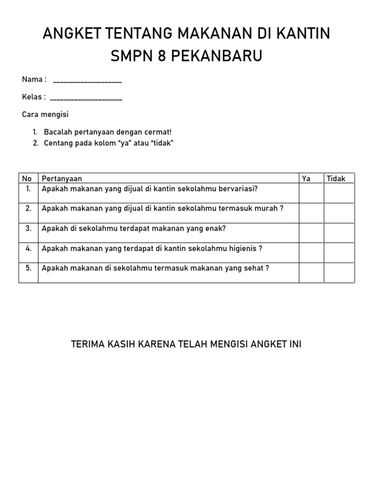 Angket Tentang Makanan Di Sekolah (Akhtalata) | PDF