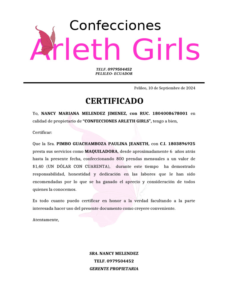 Certificado Jeans Confecciones Arleth Girls | PDF