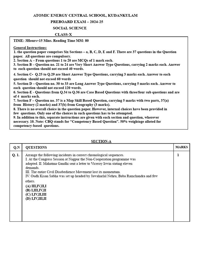 X SST Set 1 QP Preboard 1silchar Region 2024-25-2 | PDF | Indian Nationalism | Politics Of India