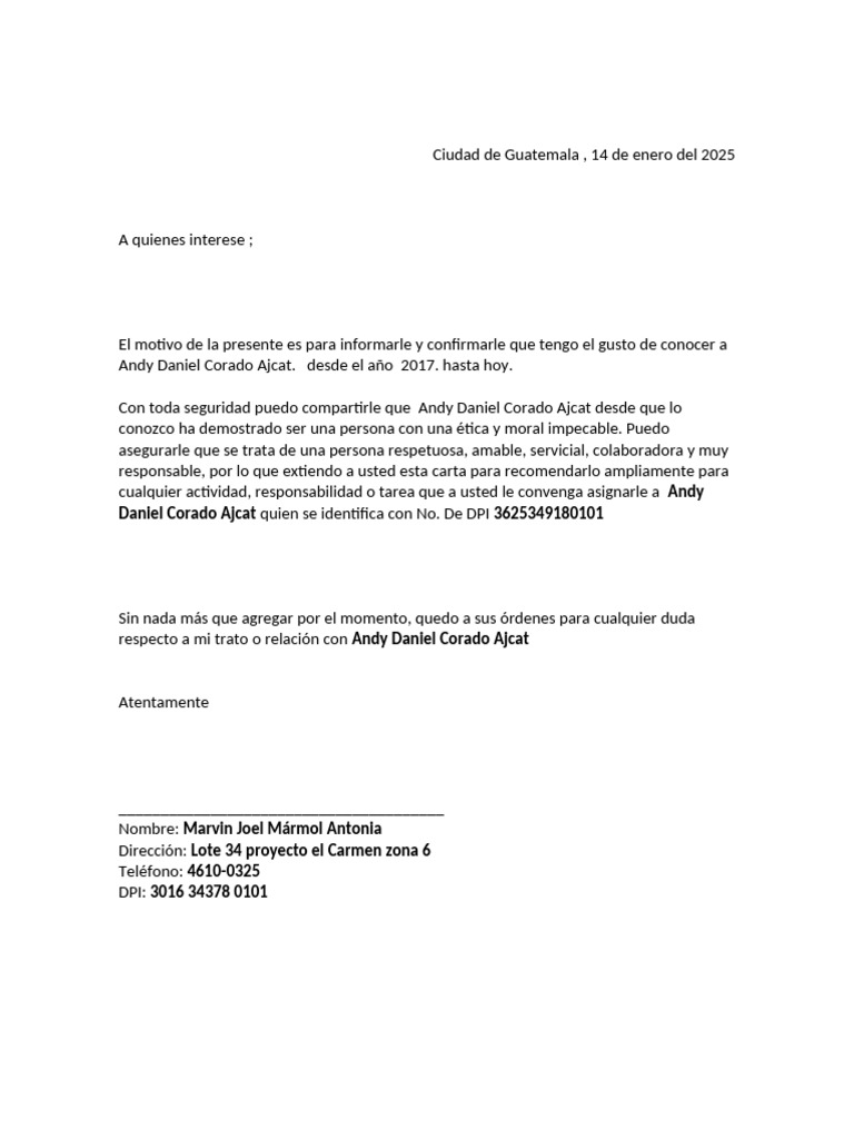Recomendación para Andy Daniel Corado | PDF