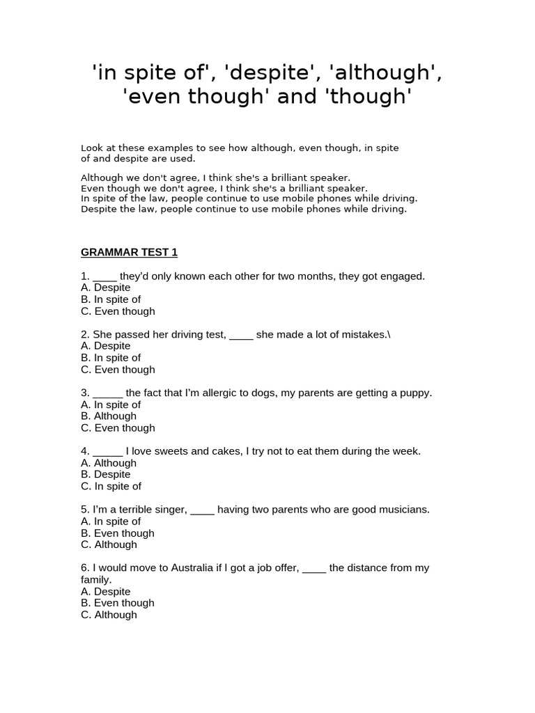 GRAMMAR 1.3 in Spite Of, Despite, Although, Even Though and Though ...
