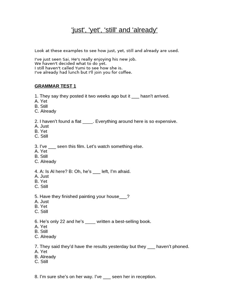 Grammar Guide: Just, Yet, Still, Already | PDF | Verb | Grammar