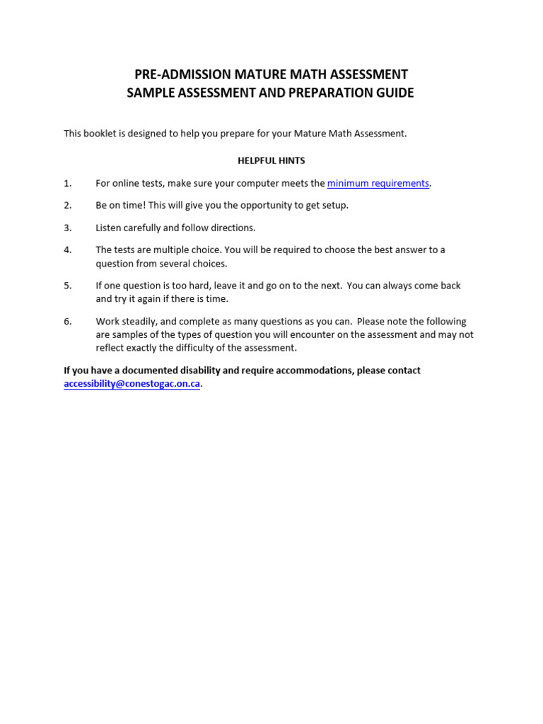 Mature Student Assessment Sample Math Test | PDF | Multiple Choice ...