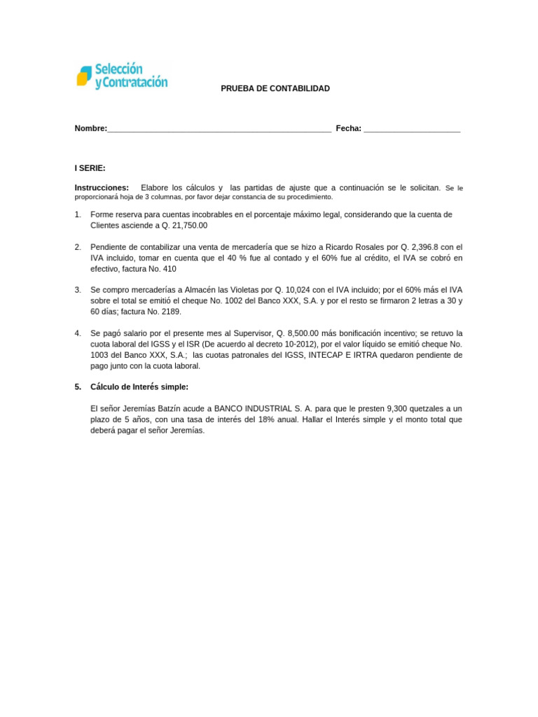 Prueba Contable Práctico | PDF | Bancos | Contabilidad