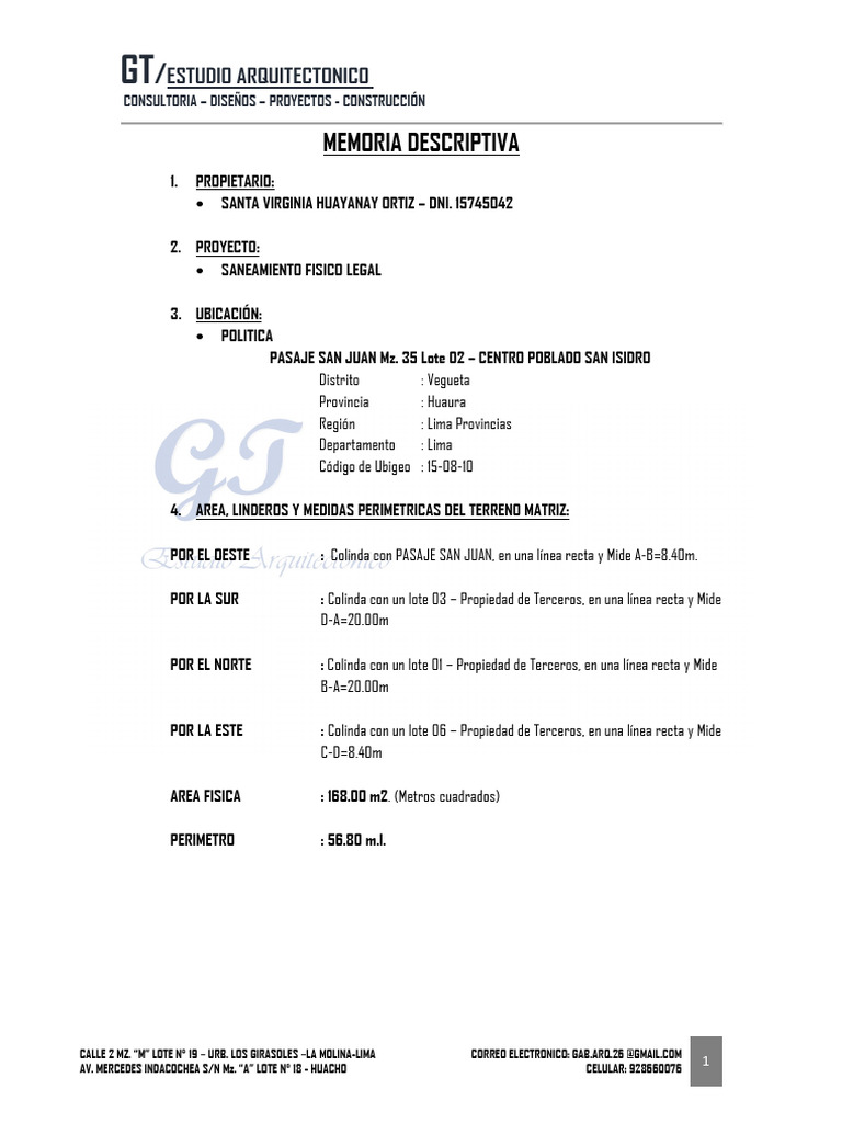 Memoria Descriptiva - Santa Huayanay Ortiz Lote 02 | PDF