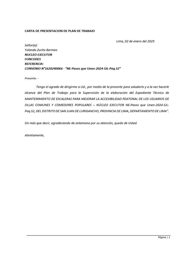 Carta de Plan de Trabajo San Juan Convenio 66 | PDF
