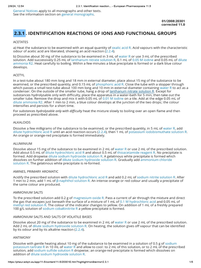 2.3.1. Identification Reaction... - European Pharmacopoeia 11.5 | PDF ...