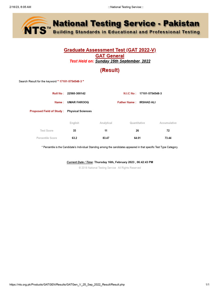 GAT 2022-V Results for Umar Farooq | PDF