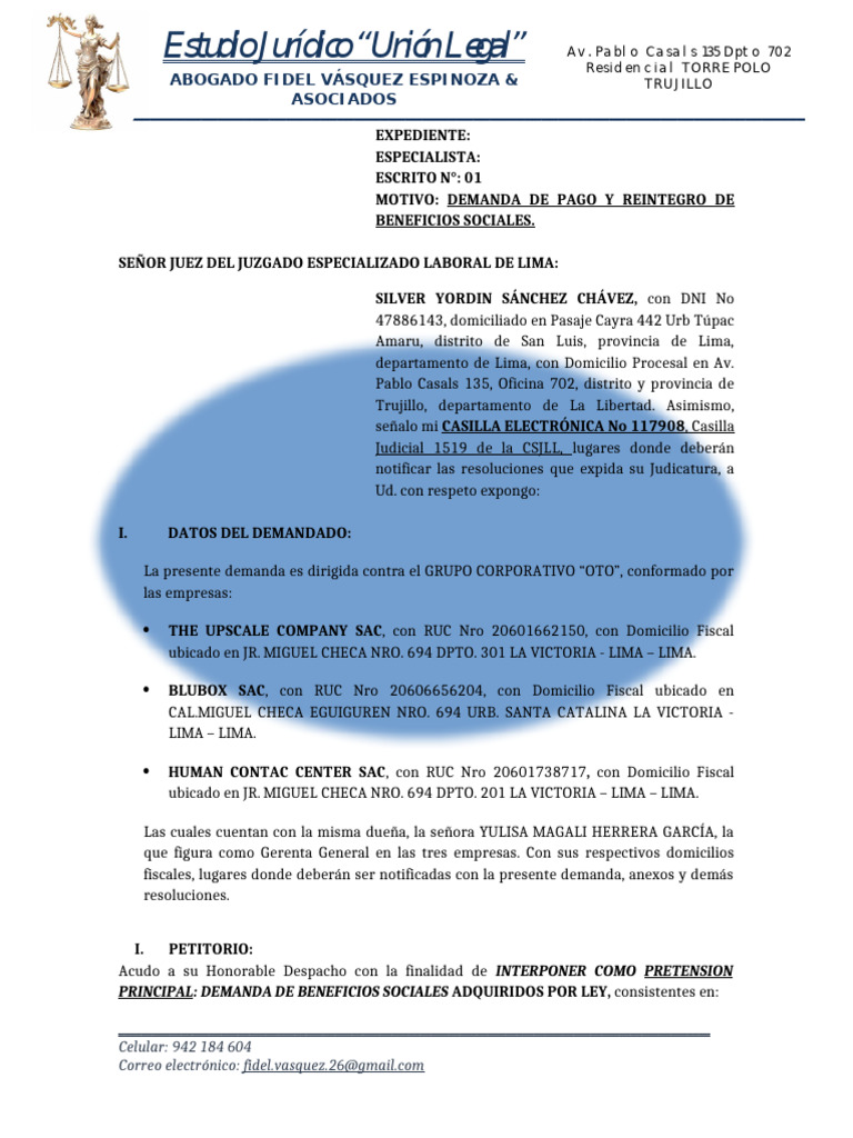 Demanda Yordin Sanchez Chavez Beneficios Sociales | PDF | Derecho ...