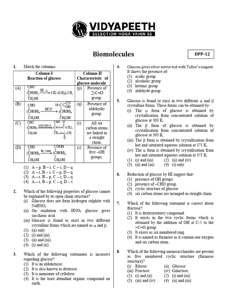 Biomolecules - Practice Sheet | PDF | Carbohydrates | Enzyme