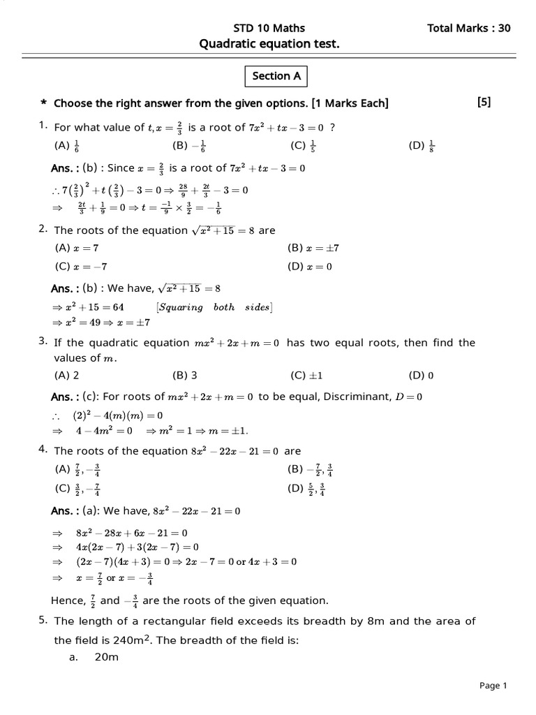 Quadratic Equation Test_solution | PDF | Mathematical Concepts | Algebra