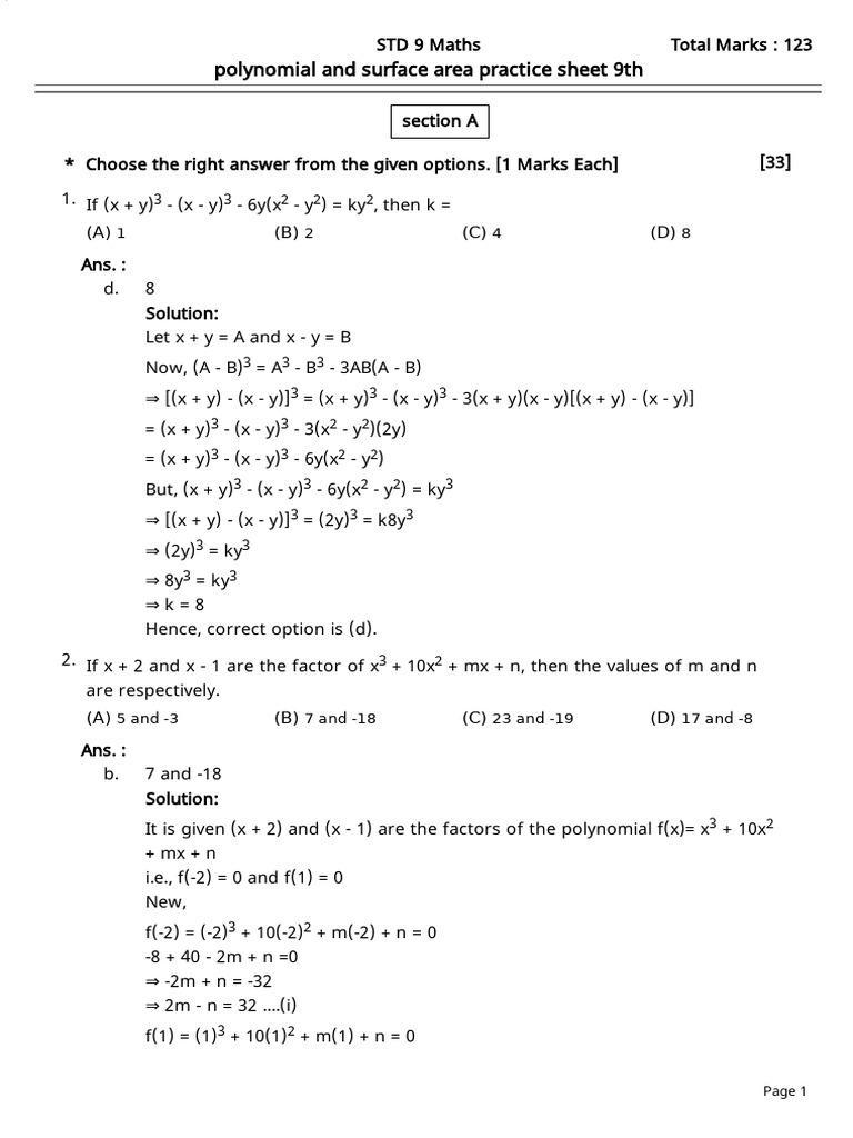 Polynomial and Surface Area Practice Sheet 9th - Solution | PDF | Area ...