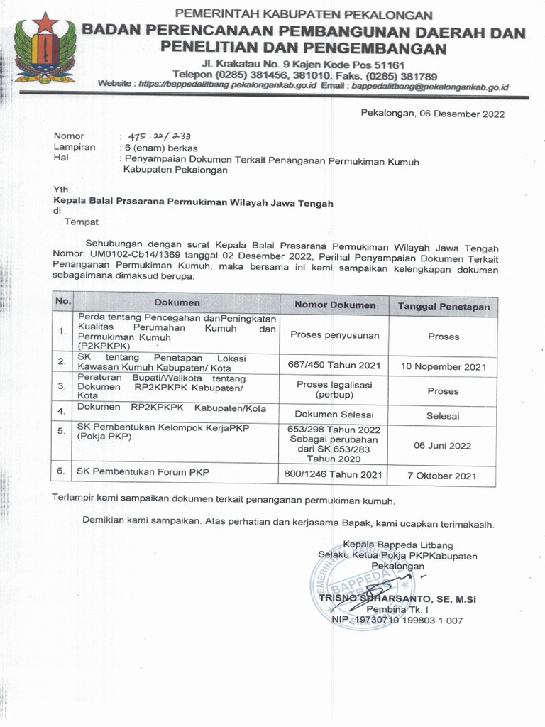 Surat Penyampaian Dokumen PKP Kab. Pekalongan 2022 | PDF