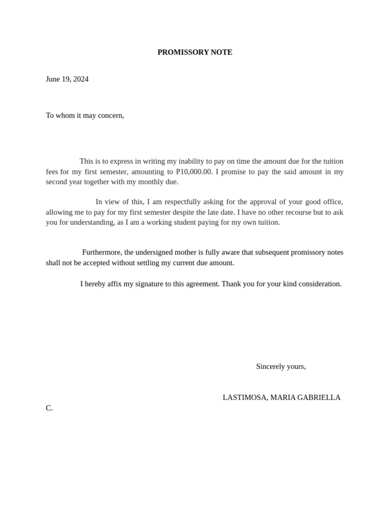 Tuition Payment Promissory Note | PDF