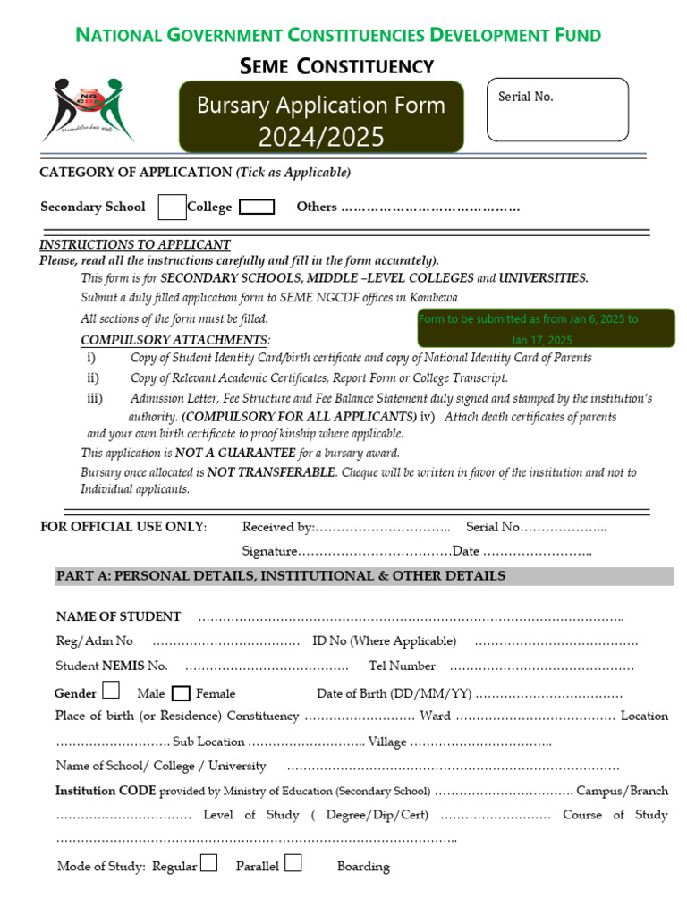 NGCDF Bursary Application Form - Seme Constituency - 2024-2025vvvvvvvvvvvv | PDF