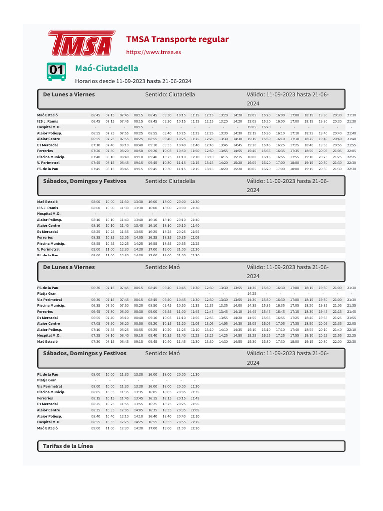 Horarios TMSA Maó-Ciutadella 2023-24 | PDF