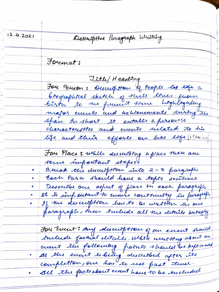 english descriptive paragraph writing 9 D | PDF