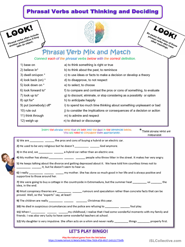 Thinking and Deciding Phrasal Verbs - 10 Pages of Activities | PDF ...