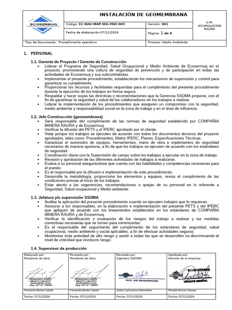 EC-RAU-MAP-IDG-PRO-005 - Instalacion de Geomembrana | PDF | Neumático
